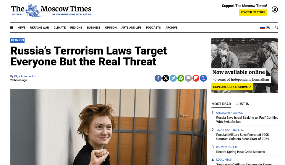 The Moscow Times: Russia’s Terrorism Laws Target Everyone But the Real ...